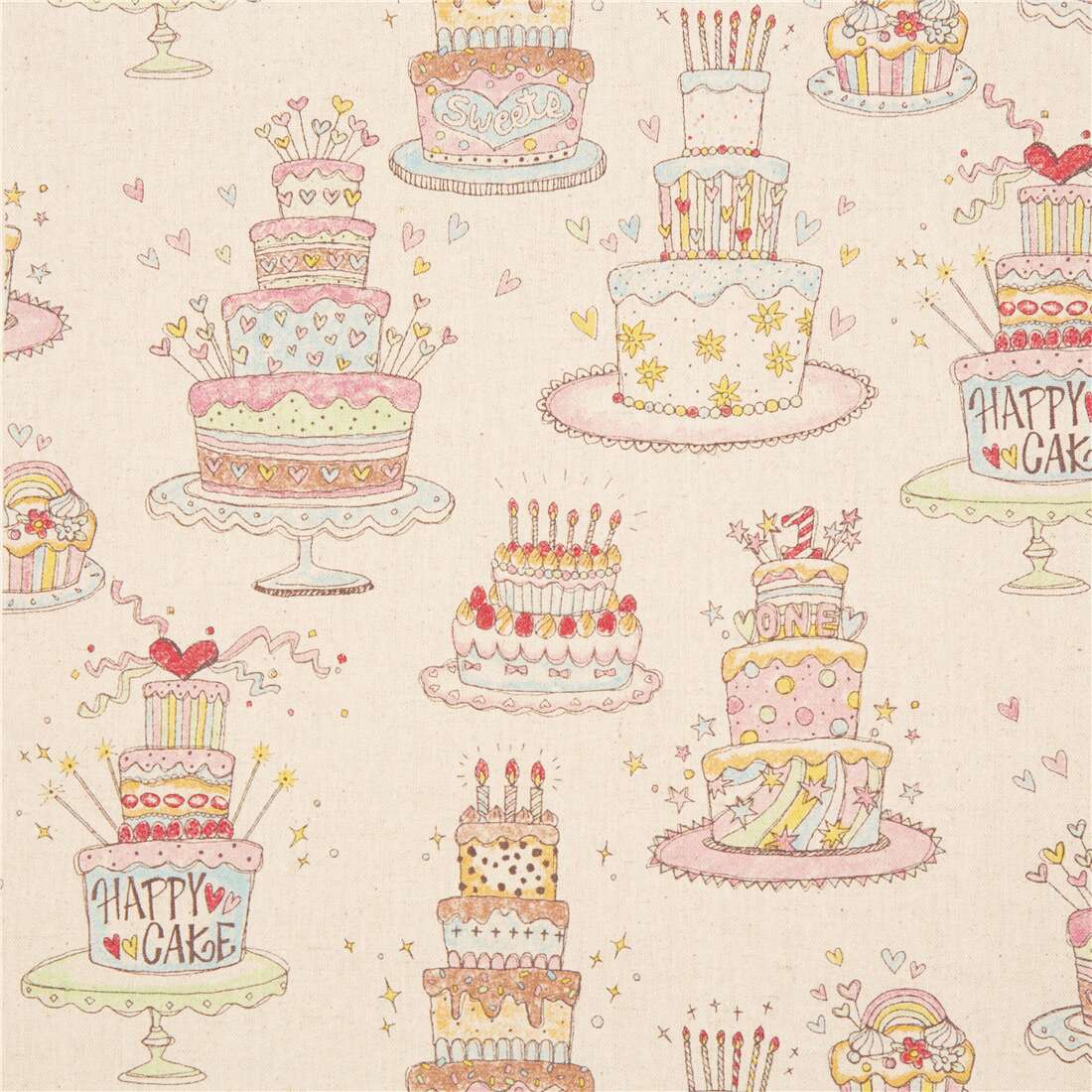 Tela de lona de color natural con postres tartas kawaii de colores ...