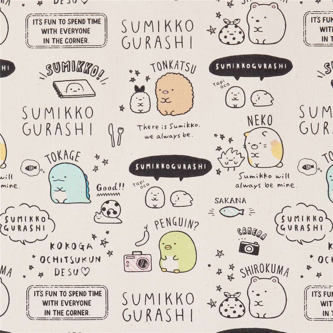 Natural color canvas fabric Sumikko Gurashi text Kokka Japan Fabric by ...