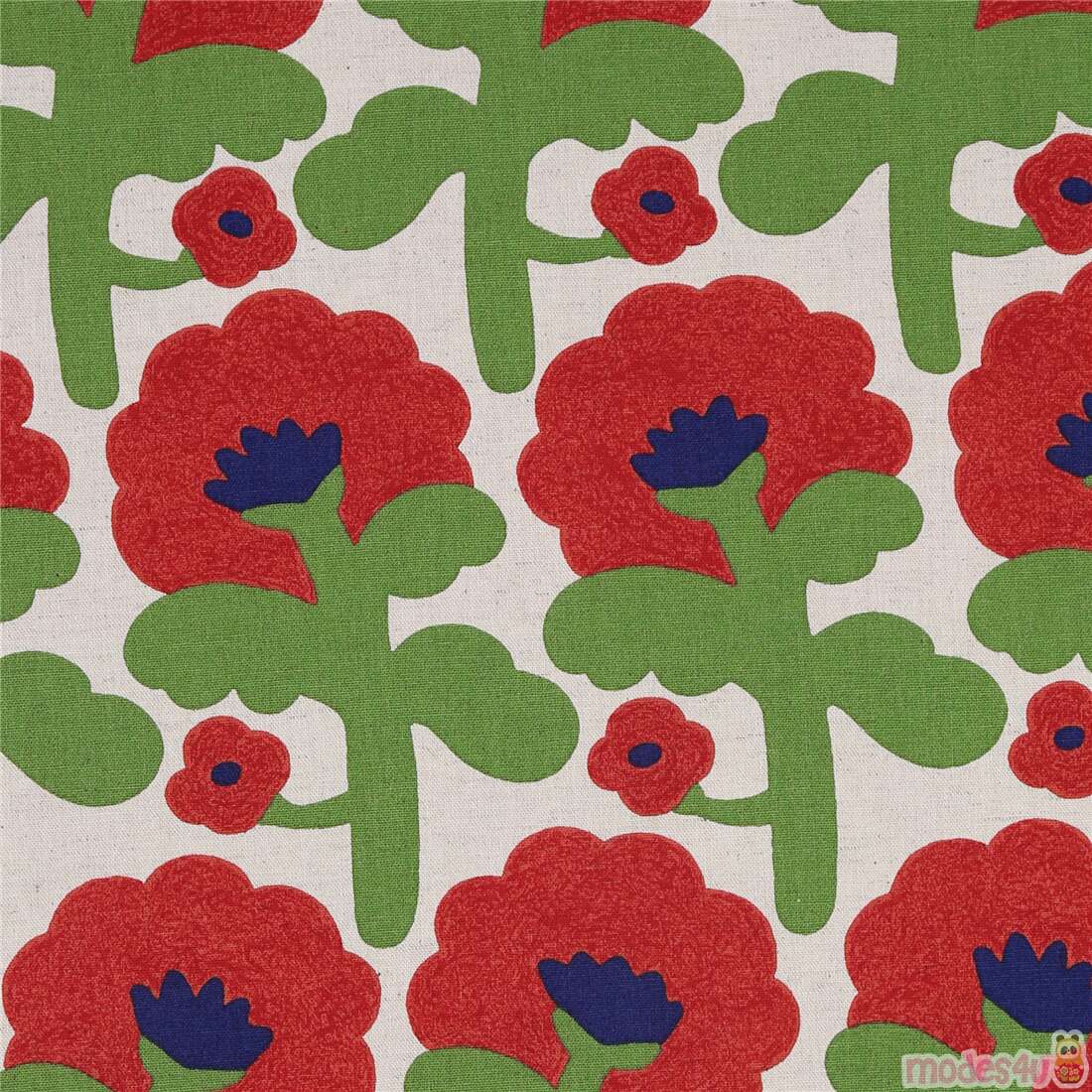Natural color canvas fabric with red flowers in rows from Japan Fabric ...