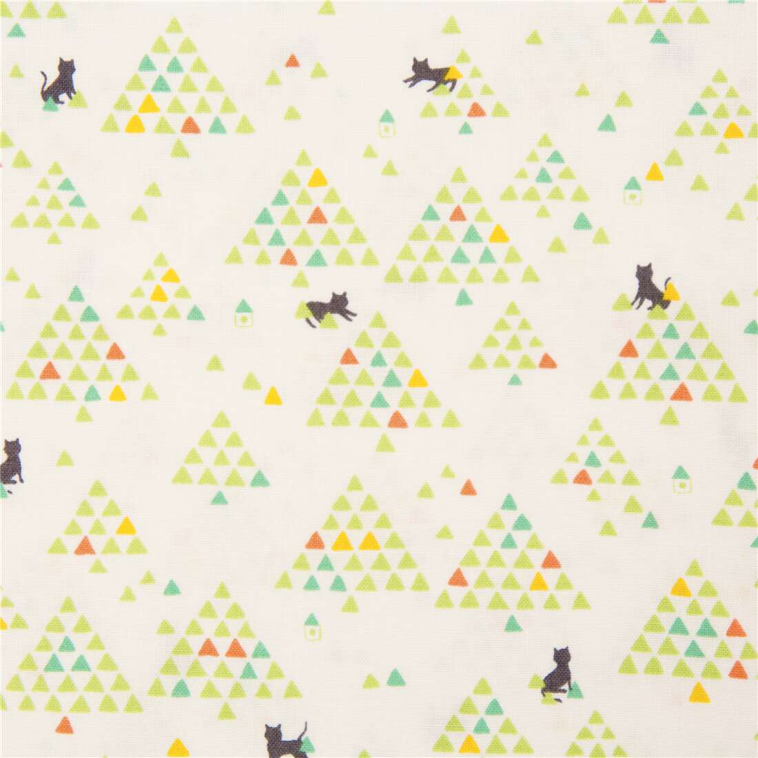 Triangular Trees Tiny Black Cats Fabric by Japanese Indie - modes4u