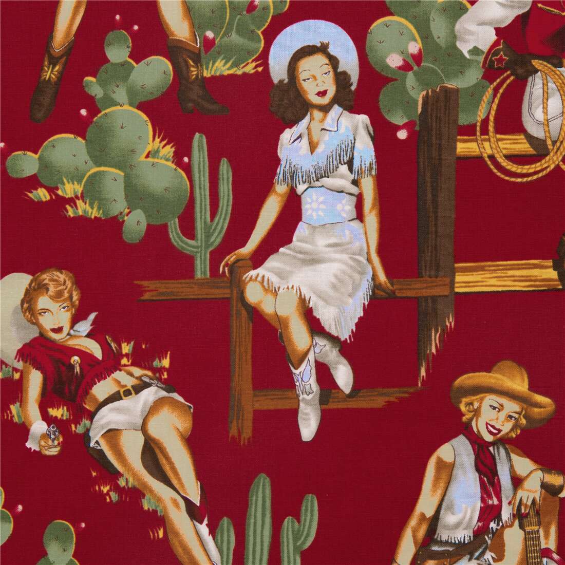 Pin up red fabric Alexander Henry From The Hip Cowboy rancher girls ...