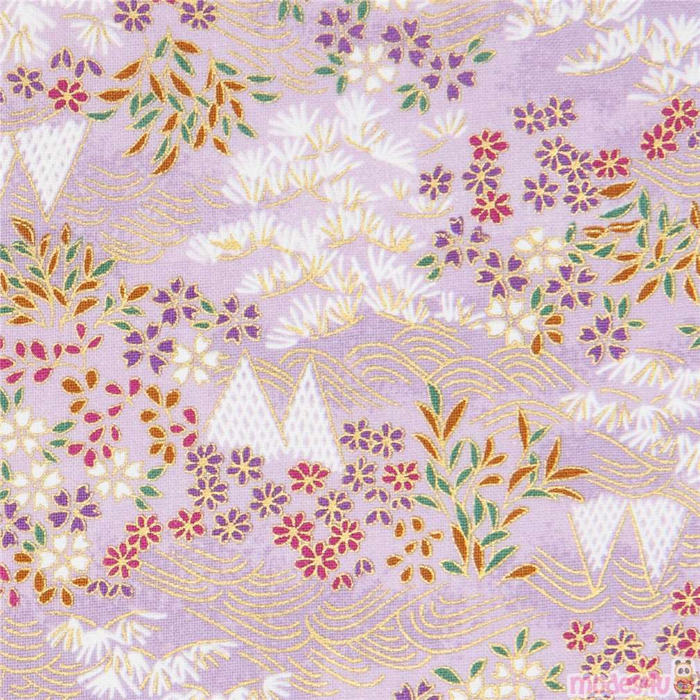 Quilt Gate embellished purple fabric with flowers and mountains Fabric ...
