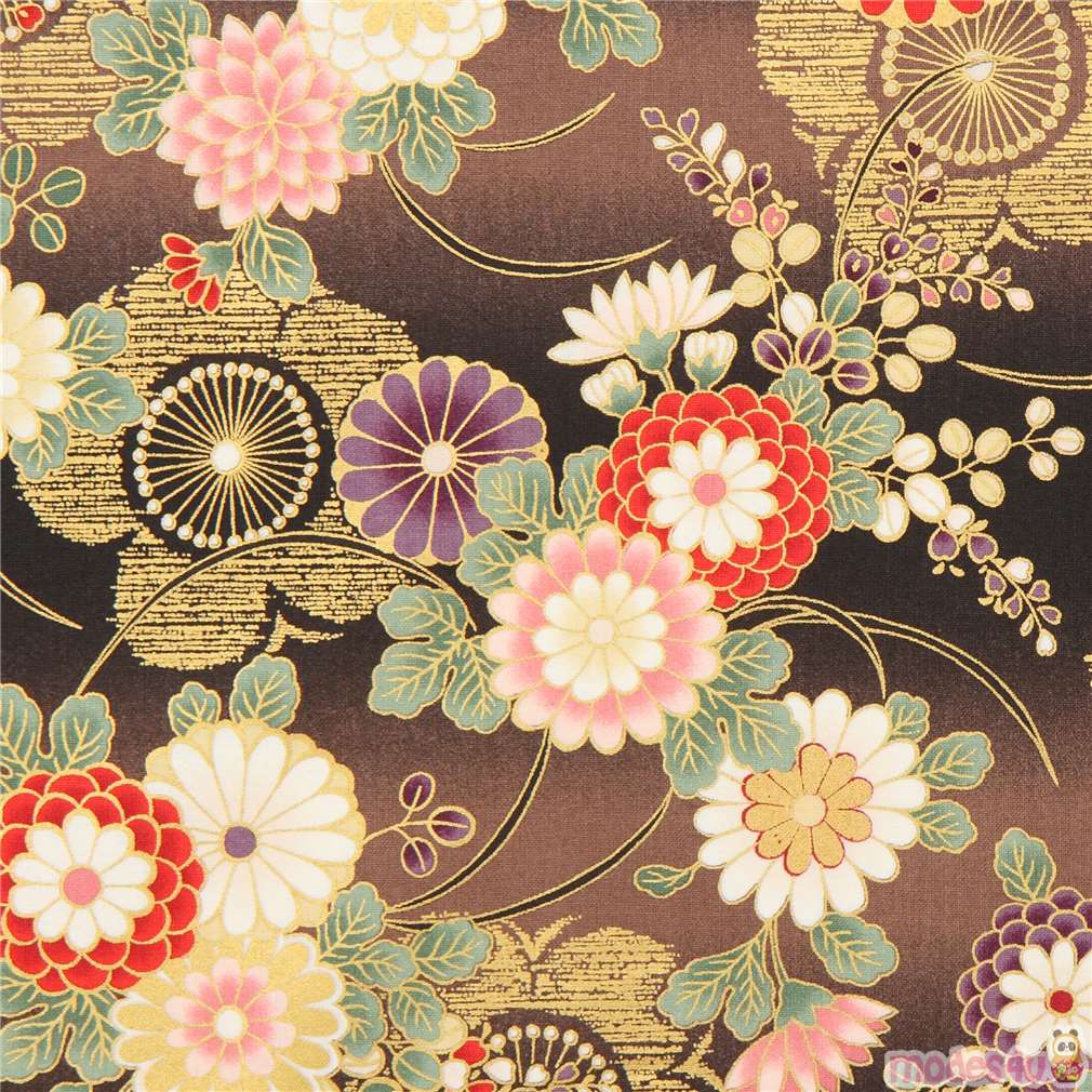 Remnant 31 cm - Quilt Gate fabric with Japanese flowers and metallic ...