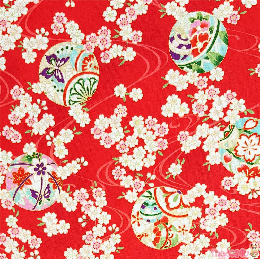 Roter Stoff mit Sakura und Temari von Quilt Gate Fabric by Cosmo - modeS4u