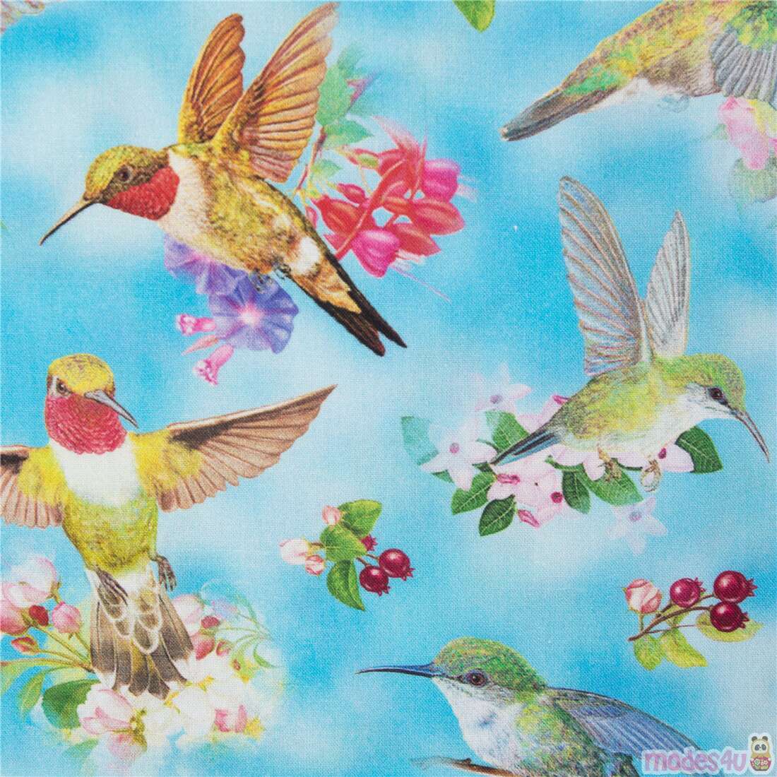 Rainbow Hummingbirds flowers Quilting Treasures blue fabric Fabric by ...