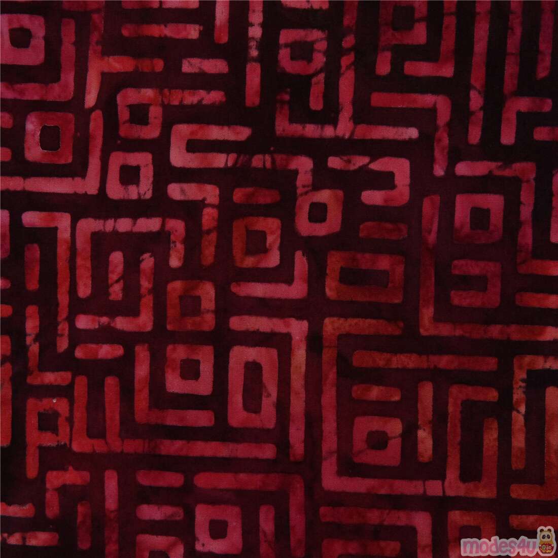 Robert Kaufman batik fabric in dark red with pink maze lines Fabric by ...