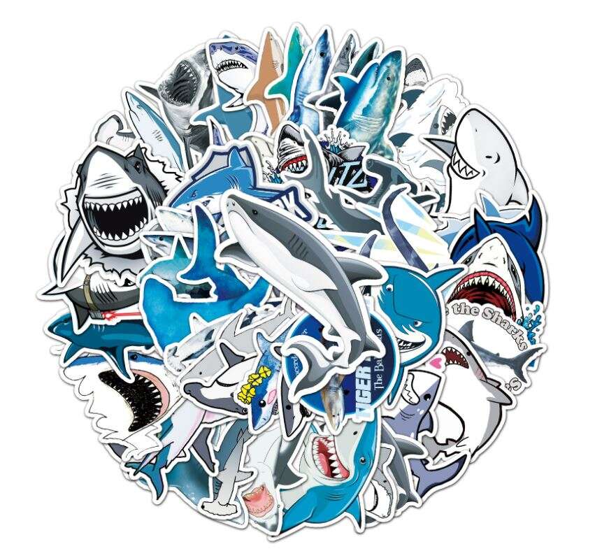 Sharks 50 unique designs sealife characters diecut sticker pack - modes4u
