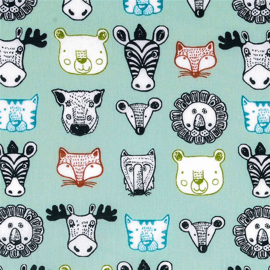 Illustrated Animal Heads Fabric by Stof France - modeS4u