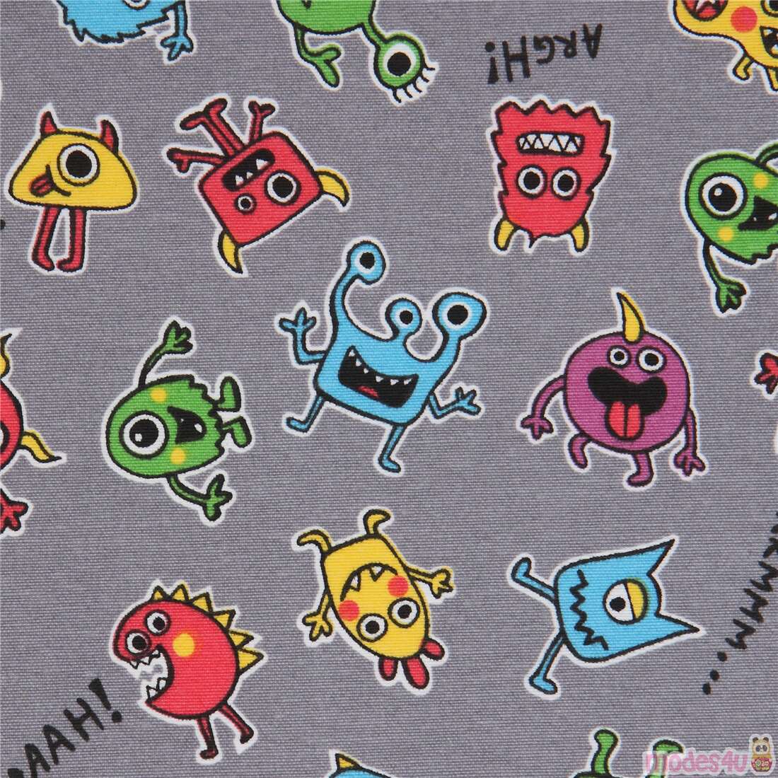 grey rib weave fabric with tossed colorful monsters Fabric by Japanese ...