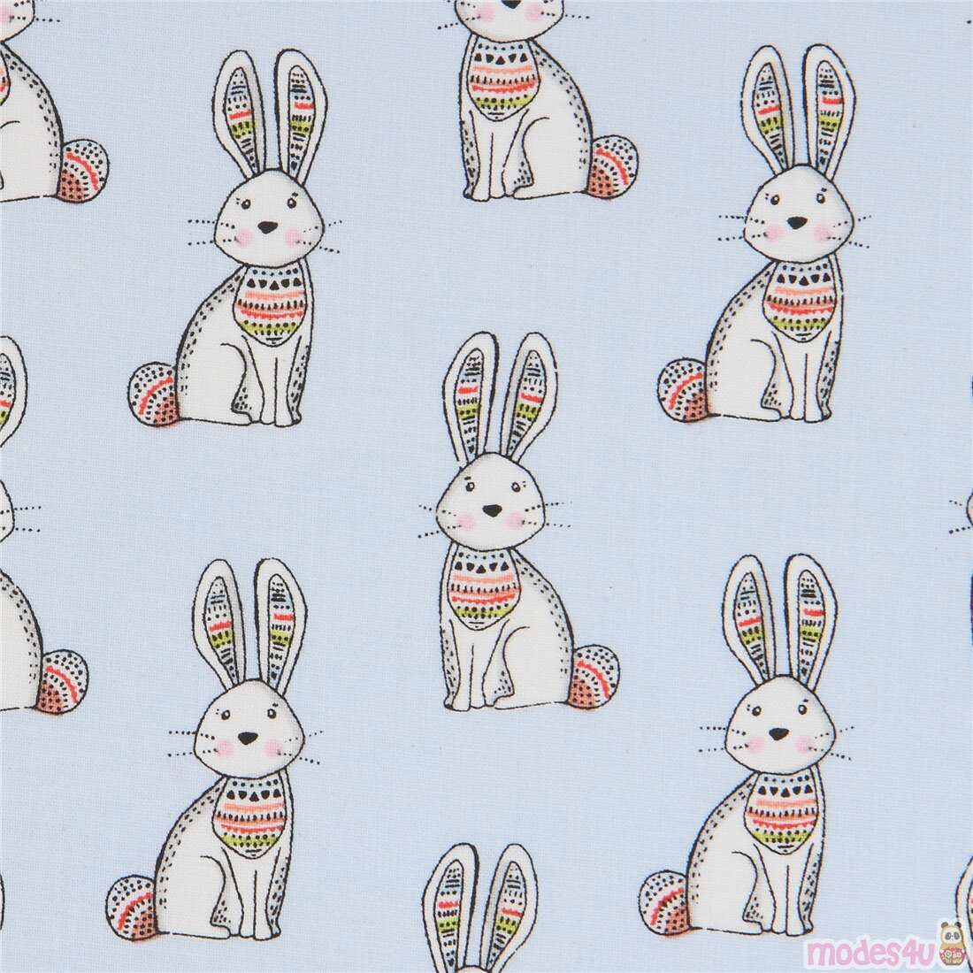 light blue animal fabric with white bunny rabbit pattern Fabric by ...