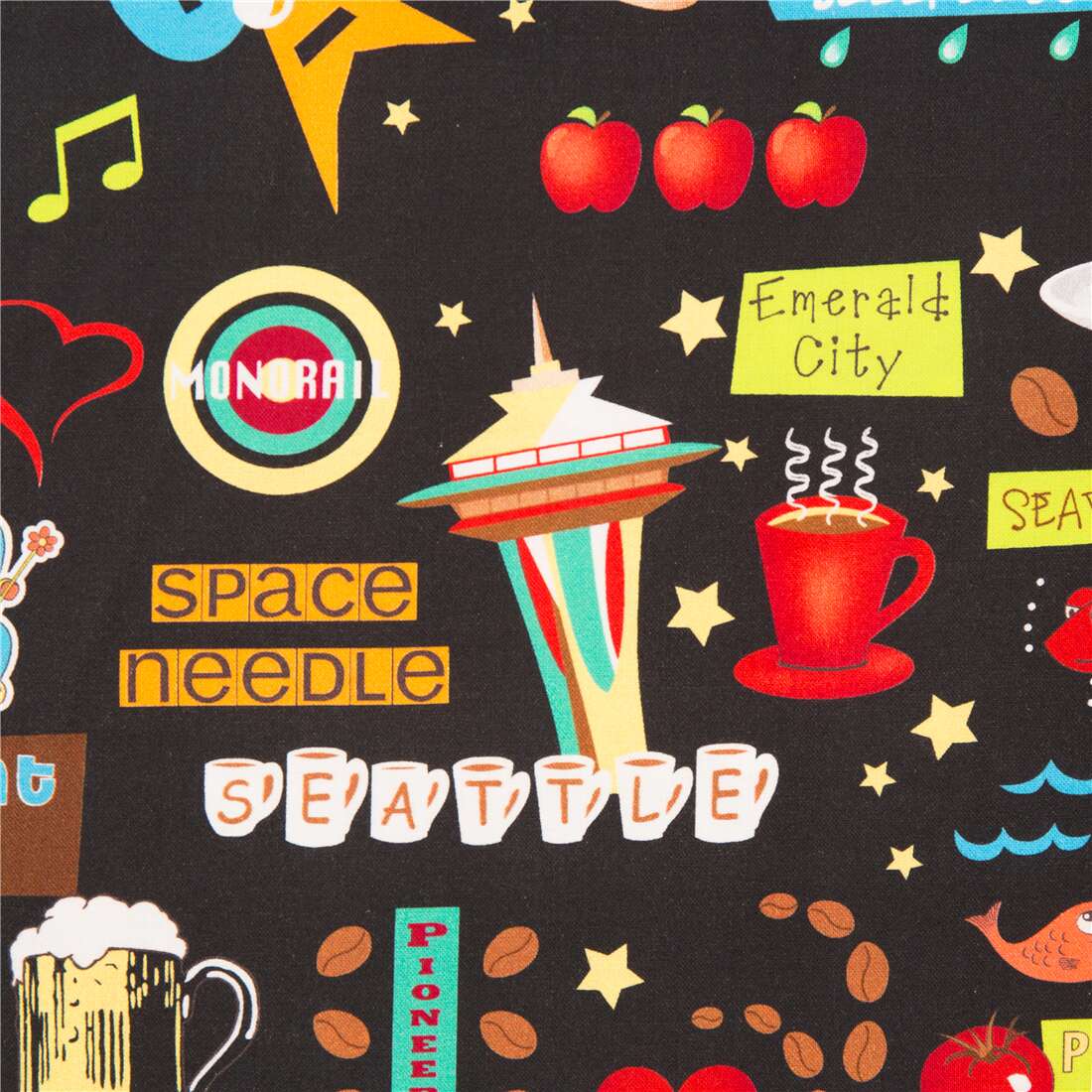 USA Seattle Location Landmarks Items Fabric by Timeless Treasures - modes4u