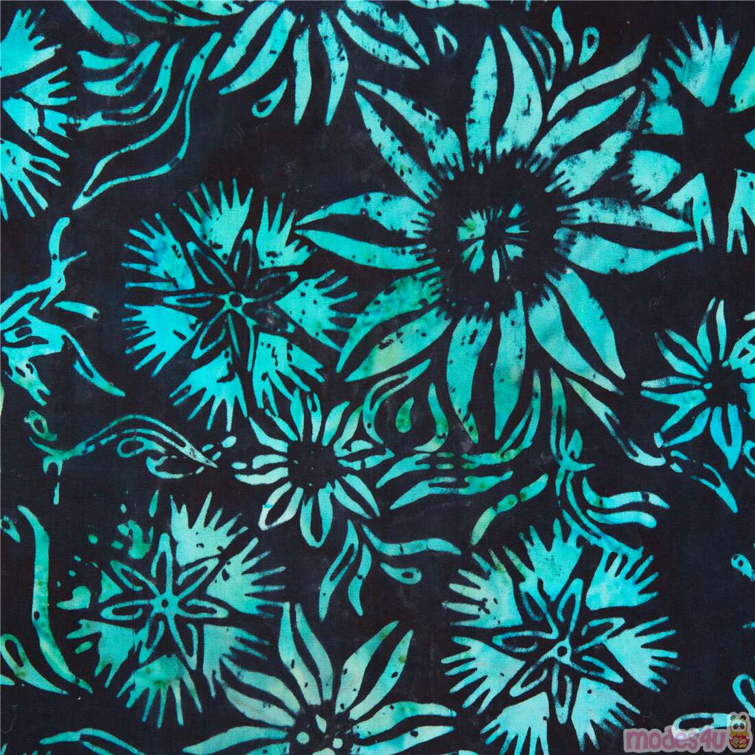 Tela negra y turquesa Timeless Treasures batik floral invierno efecto ...