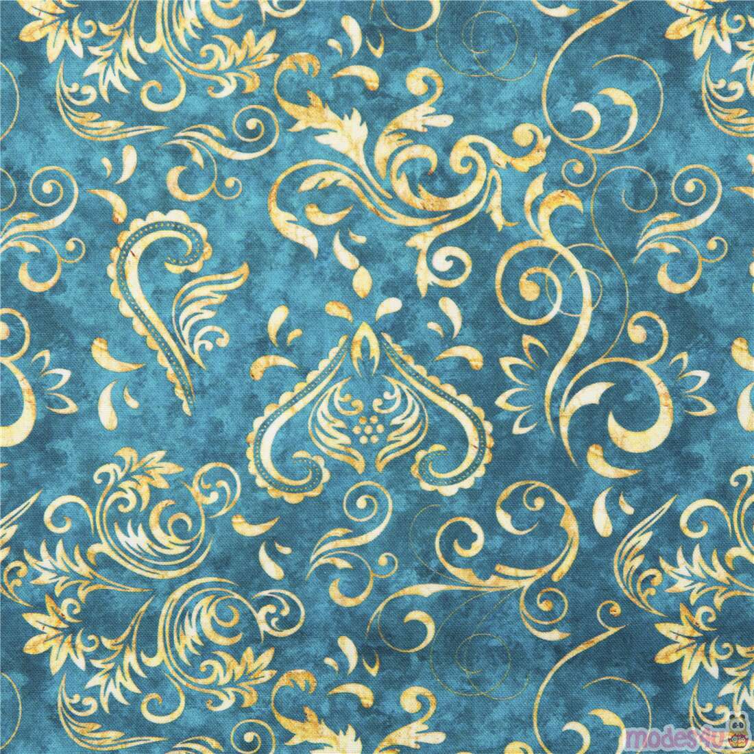 Turquoise fabric by Quilting Treasures with elegant foliage scrolling ...