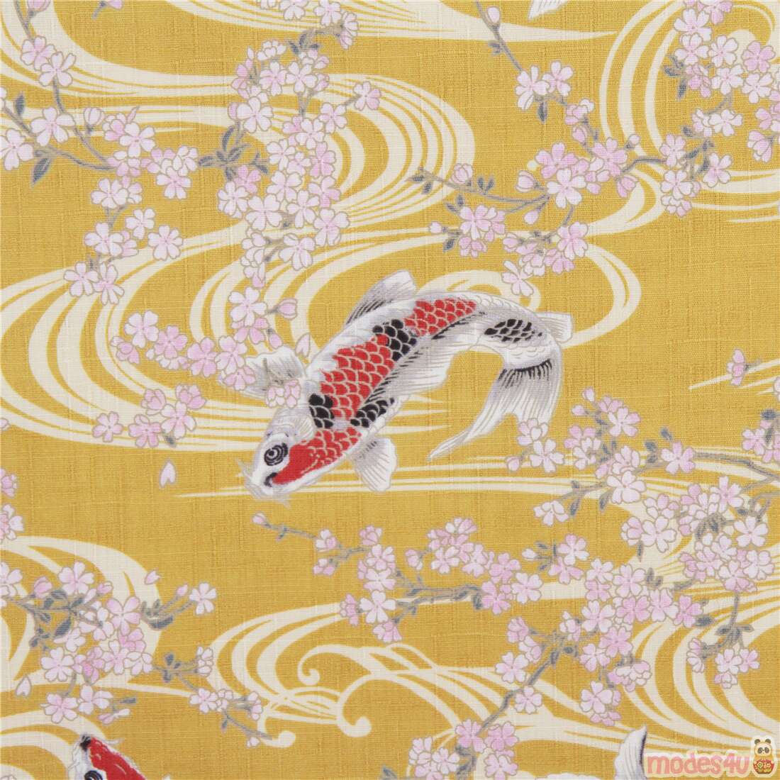 Yellow dobby fabric from Japan with peach sakura flowers koi fish ...
