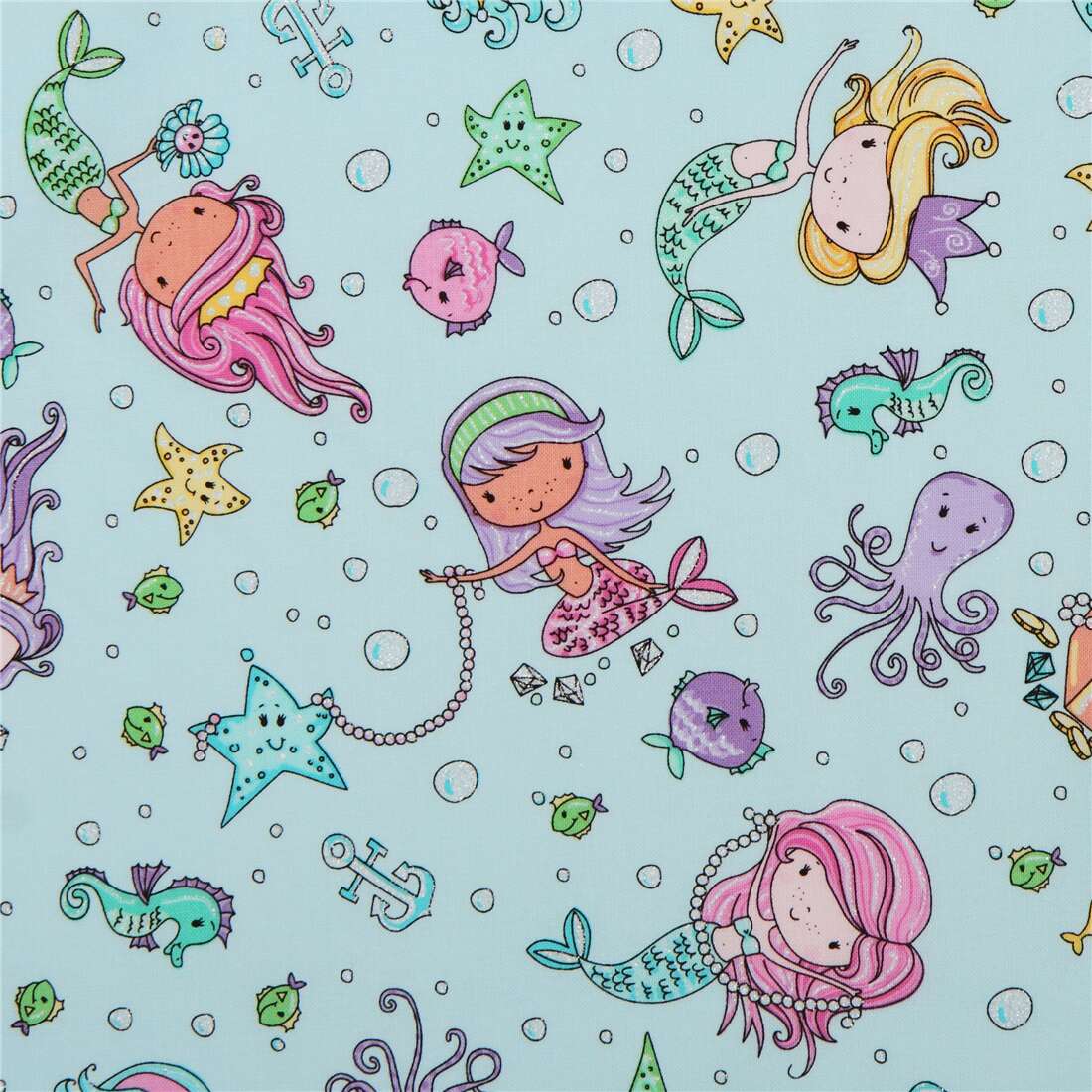 aqua blue mermaid & sea creatures fabric Timeless Treasures Diving ...