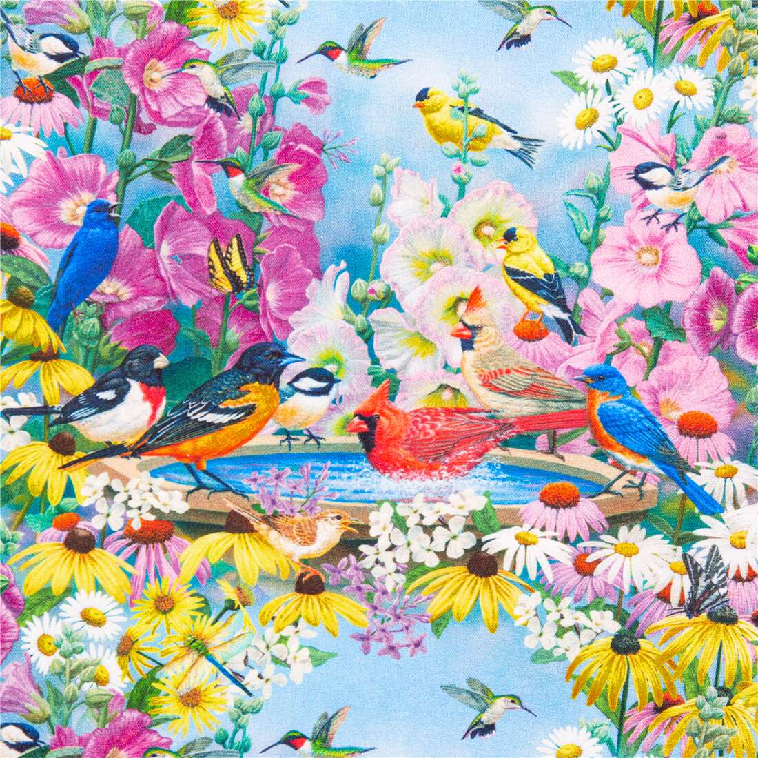 birdbath flower fabric cardinals bluejays hummingbirds Elizabeths ...