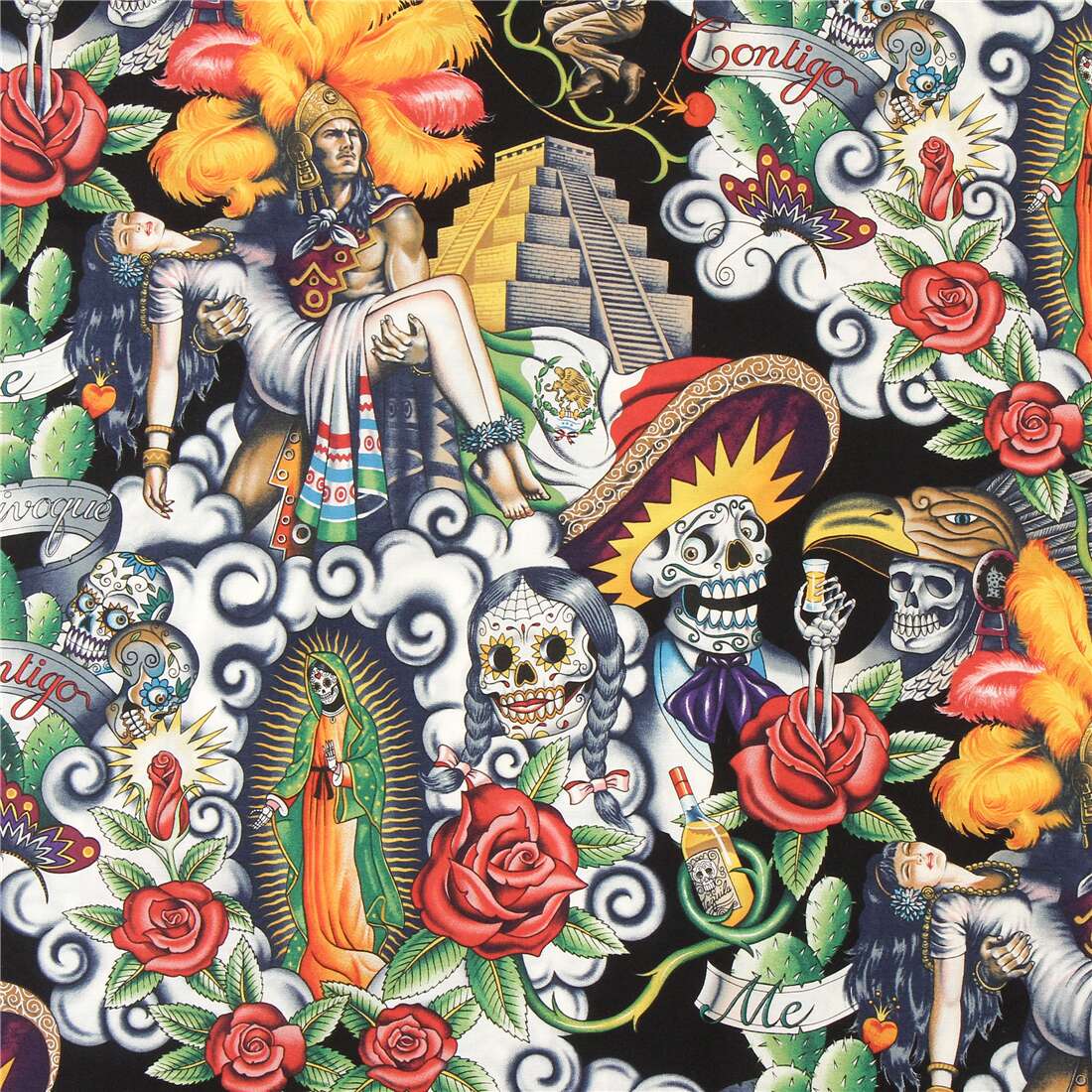 Bright Folklorico Contigo Aztec Couple Sugar Skulls Fabric by Alexander ...