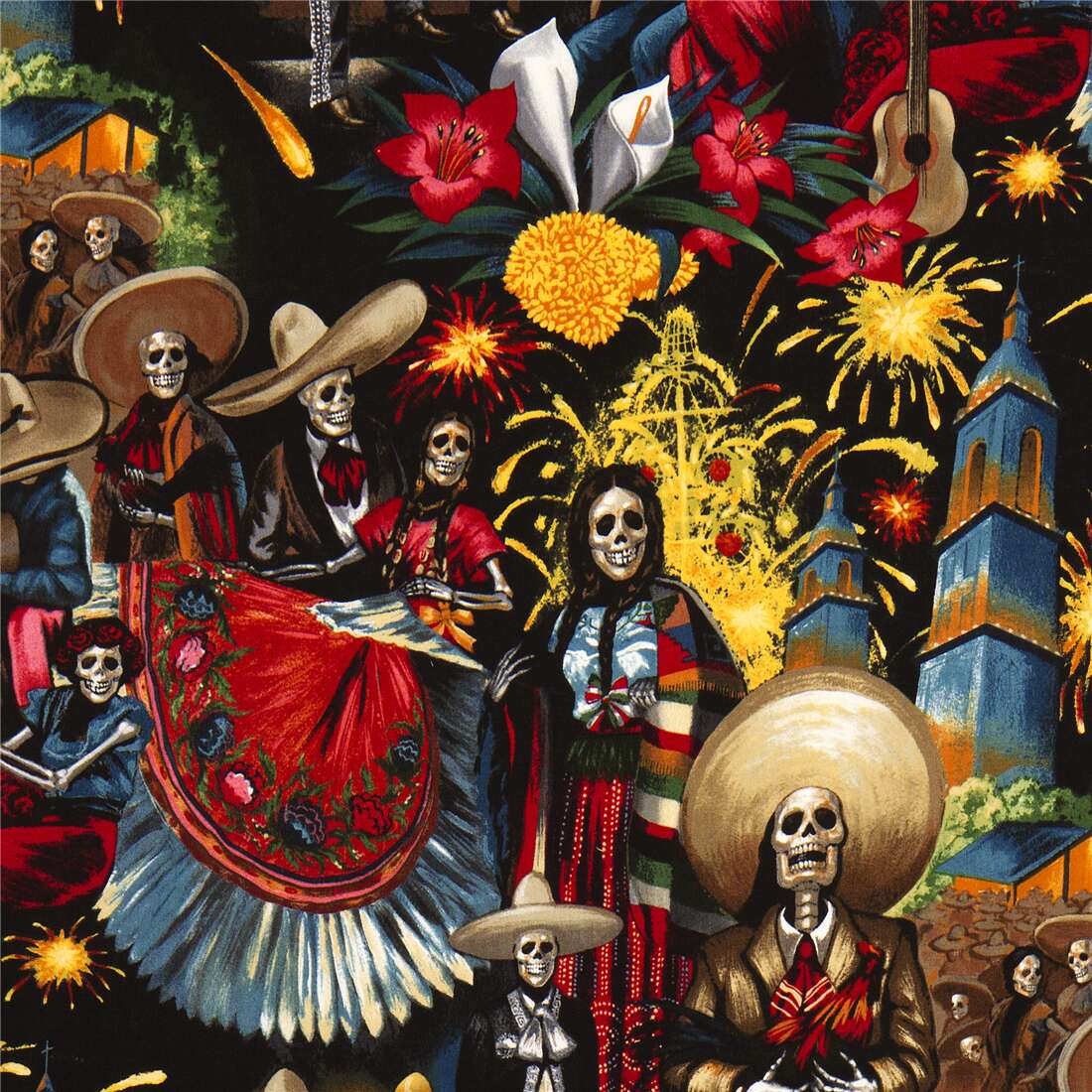 Fiesta De San Marcos Skeletons Celebrating Fabric By Alexander Henry
