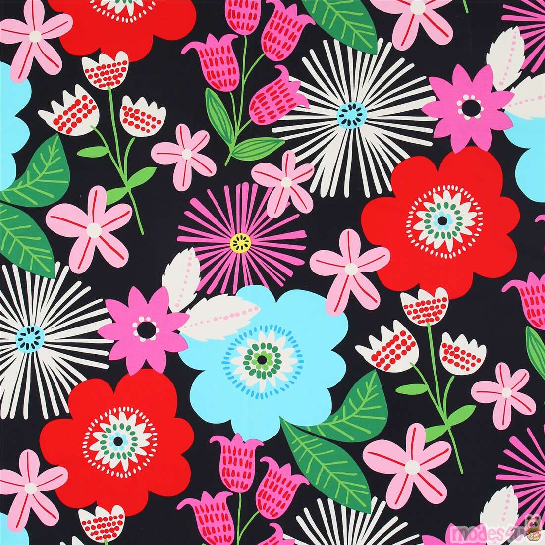 black Alexander Henry heavy oxford fabric with big blue and red flowers ...