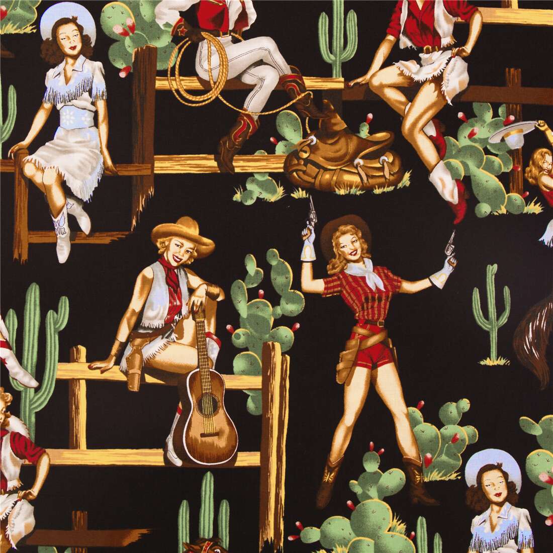 black From The Hip Cowboy Pin up fabric Alexander Henry rancher girls ...