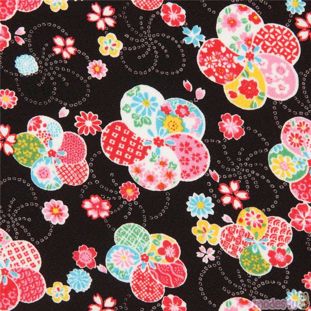 black Futakoshi Chirimen fabric with flowers by Kokka Fabric by Kokka ...