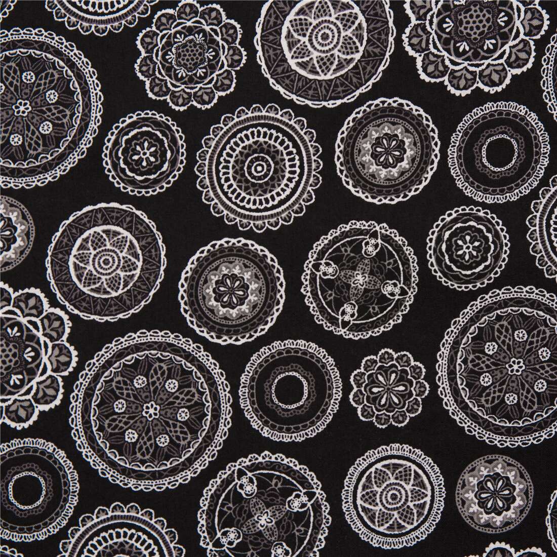 black Japan fabric with white mandala round circles ornate ornamental ...