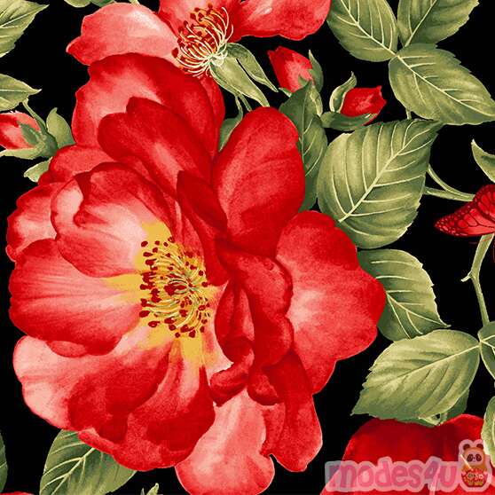black Timeless Treasures fabric with red roses and butterflies - modeS4u