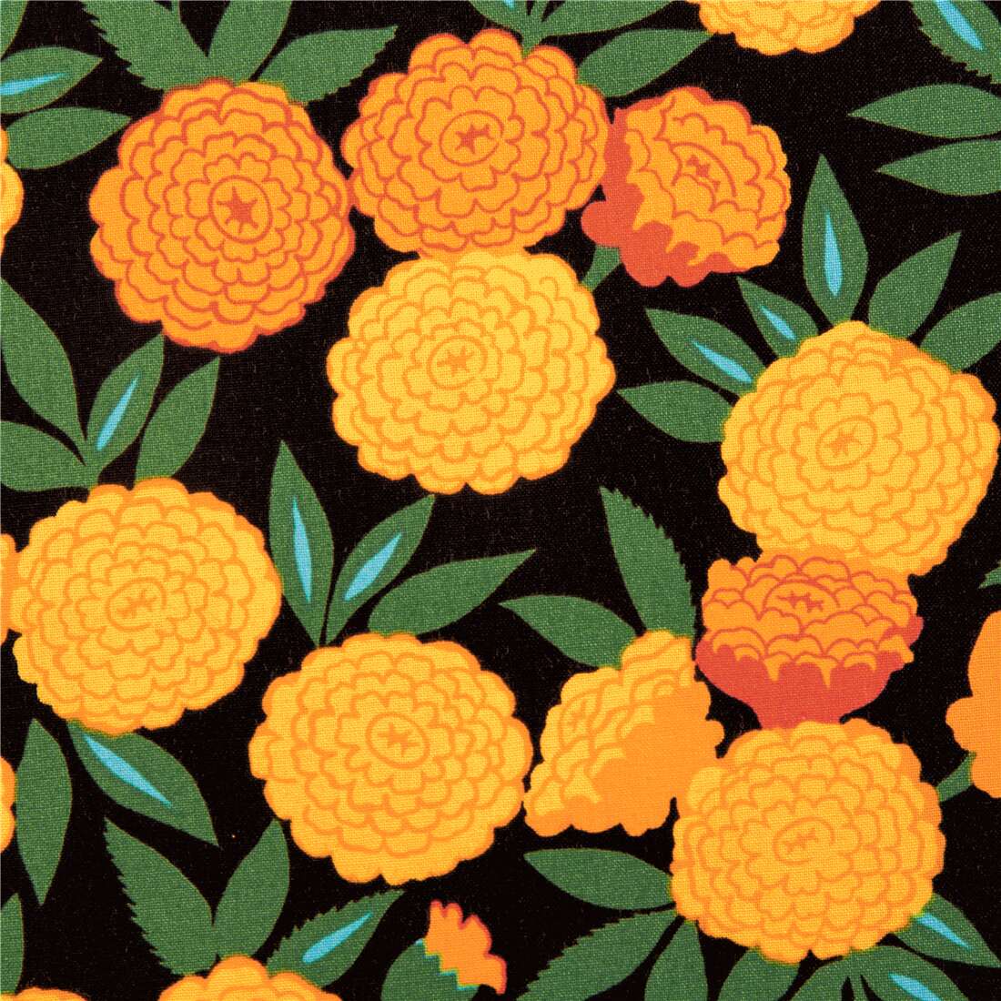 black US fabric with large marigold blooms in yellow and orange ...