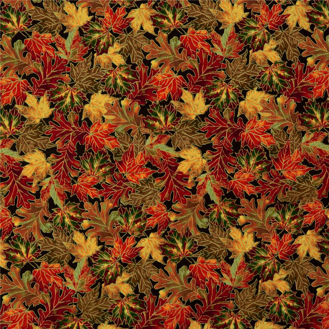 black USA fabric with metallic gold outlines dense fallen autumn leaves Fabric by Timeless ...