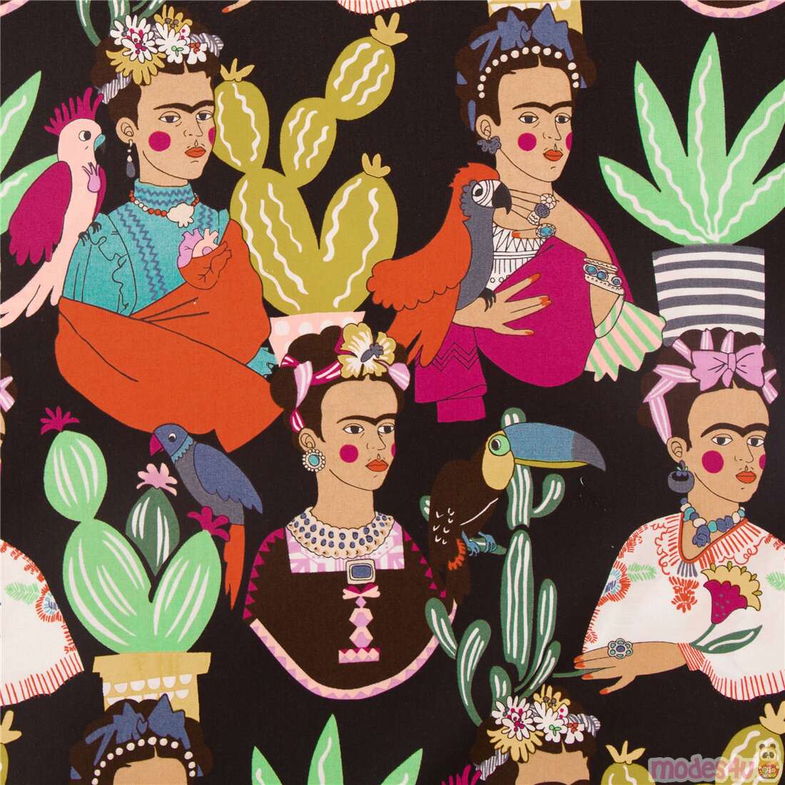 black cotton fabric with Frida cactus and birds by Alexander Henry ...