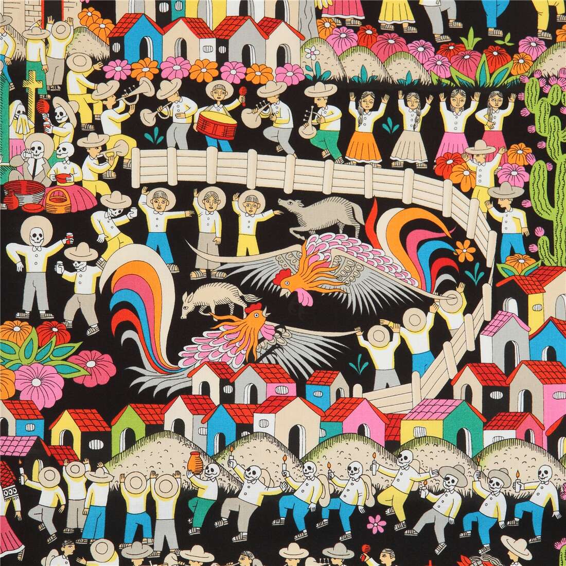 black fabric by Alexander Henry with colorful Mexican town design ...