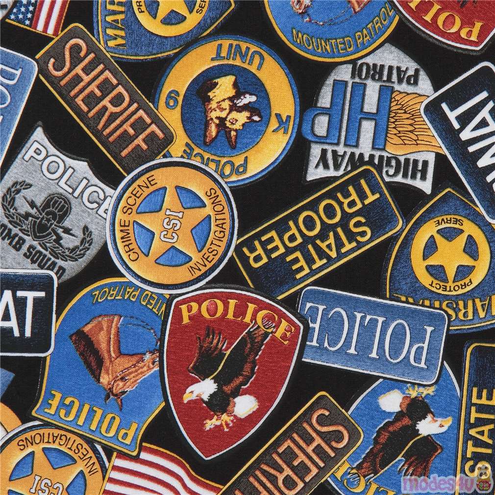 black fabric with police badge Quilting Treasures Fabric by Japanese ...