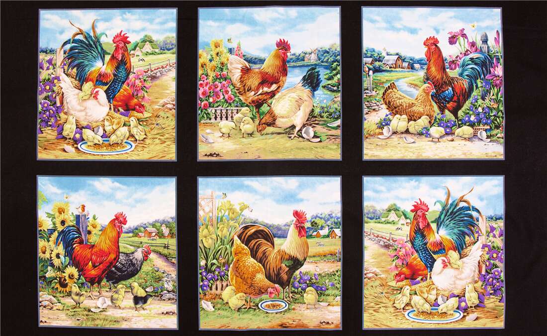 Joyful Countryside Chickens Farm Scene Fabric by Elizabeth's Studio ...