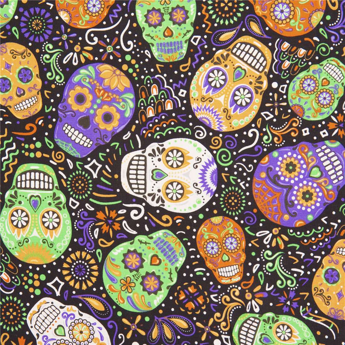 black with colorful skull fabric by Timeless Treasures - modeS4u