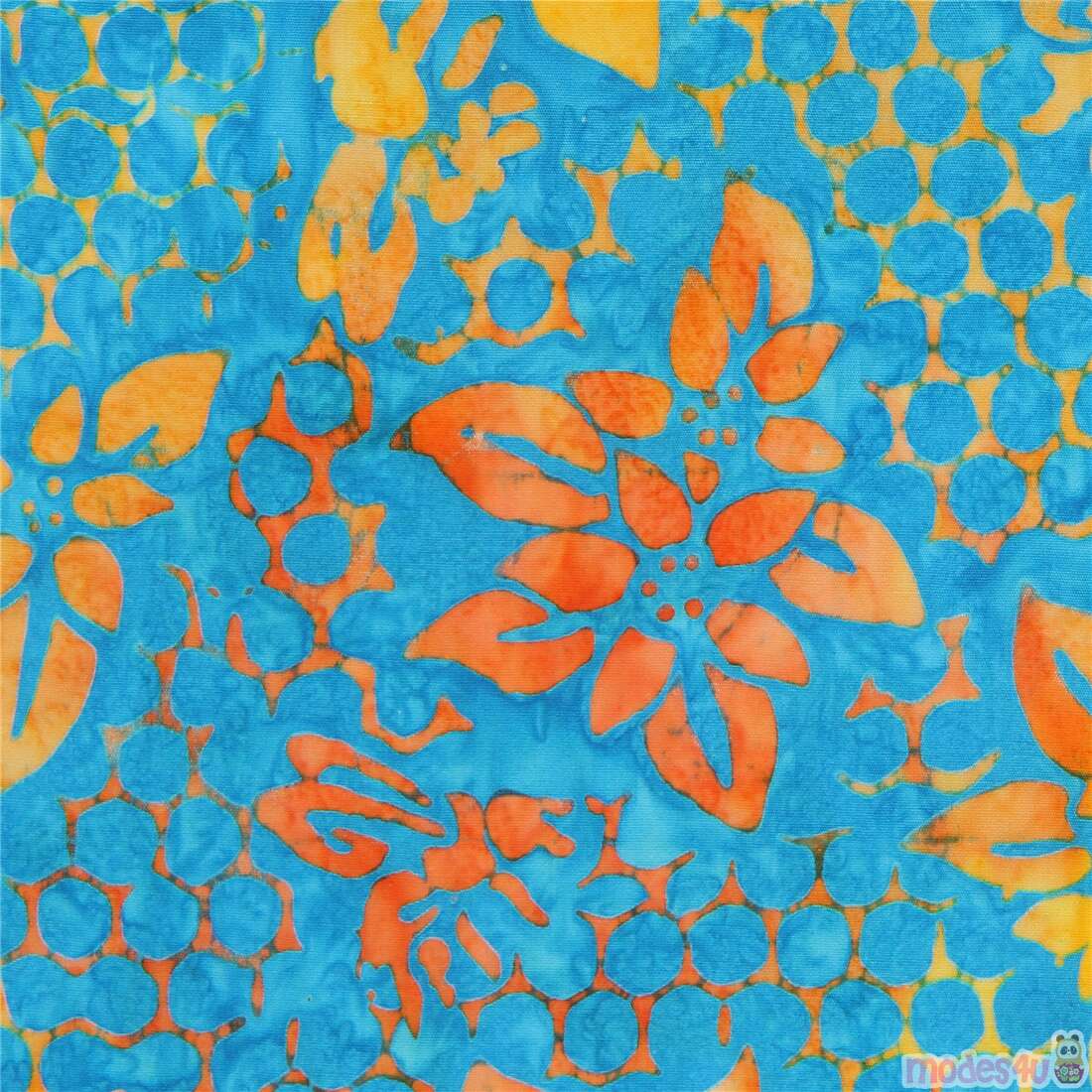 blue batik fabric with orange flowers insects by Robert Kaufman Fabric ...