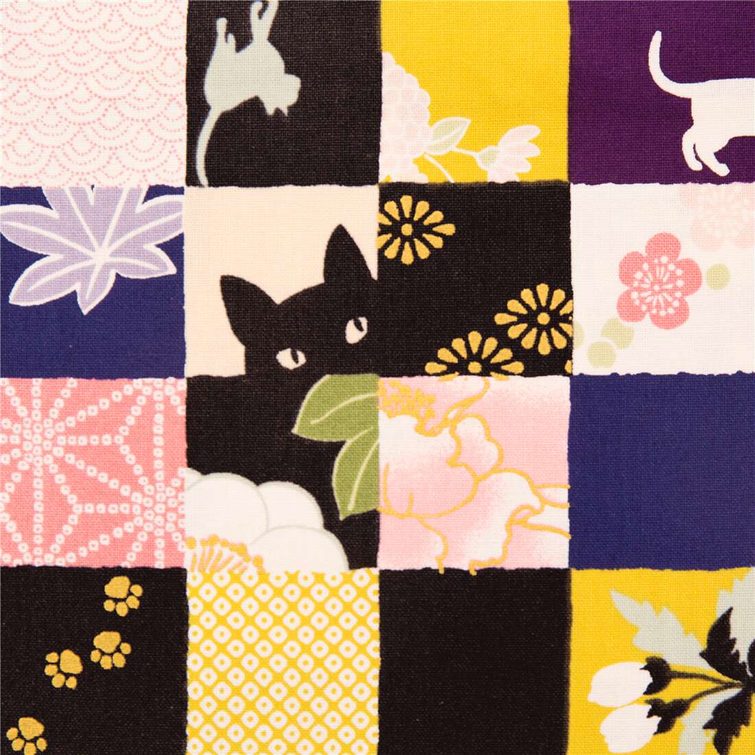 blue black checker cotton Japan fabric floral traditional patterns cats ...