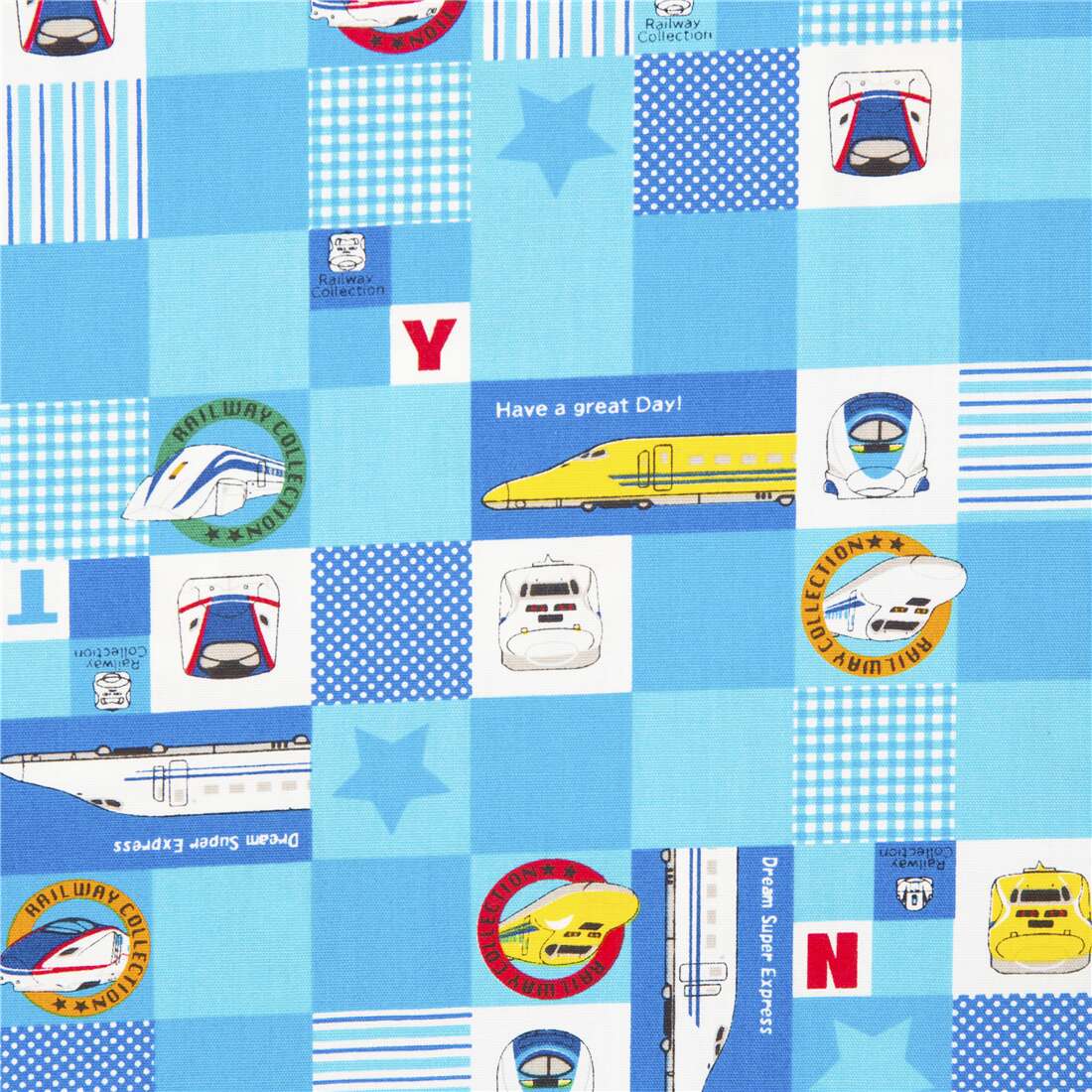 blue checkered cotton with express trains railway Japan fabric - modeS4u