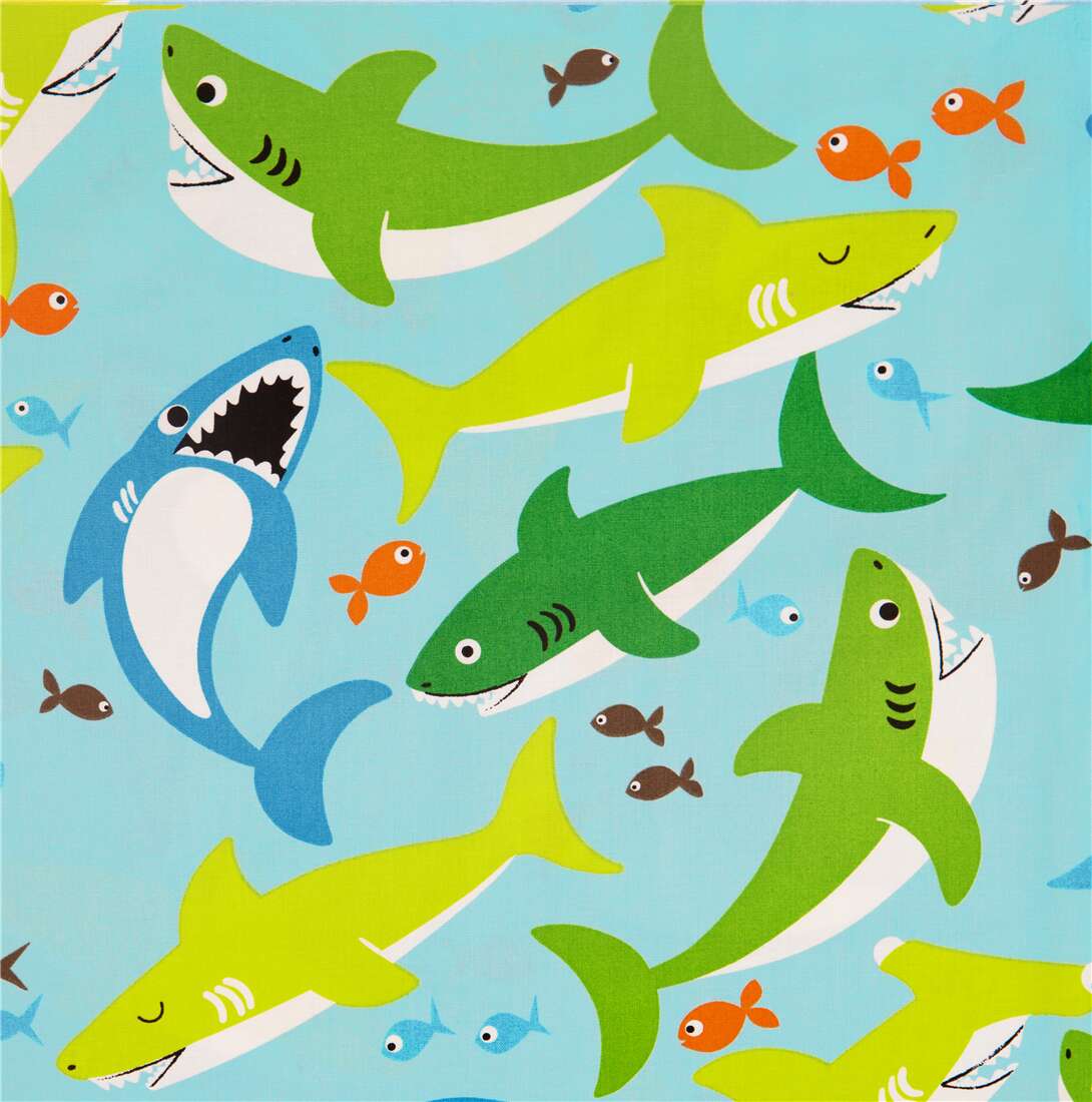 Tela de algodón azul tiburones pez martillo gran tiburón blanco ...