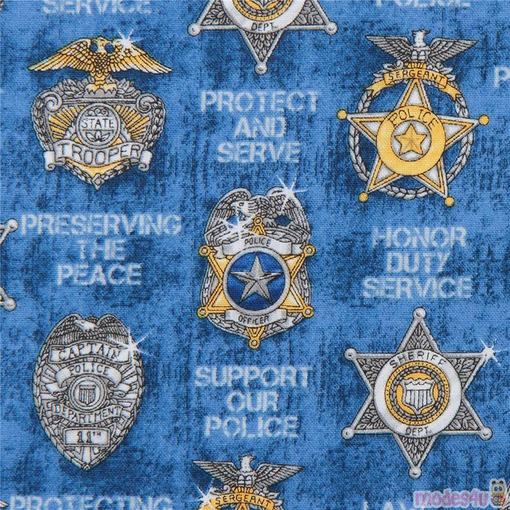blue fabric with police badge text Quilting Treasures Fabric by ...