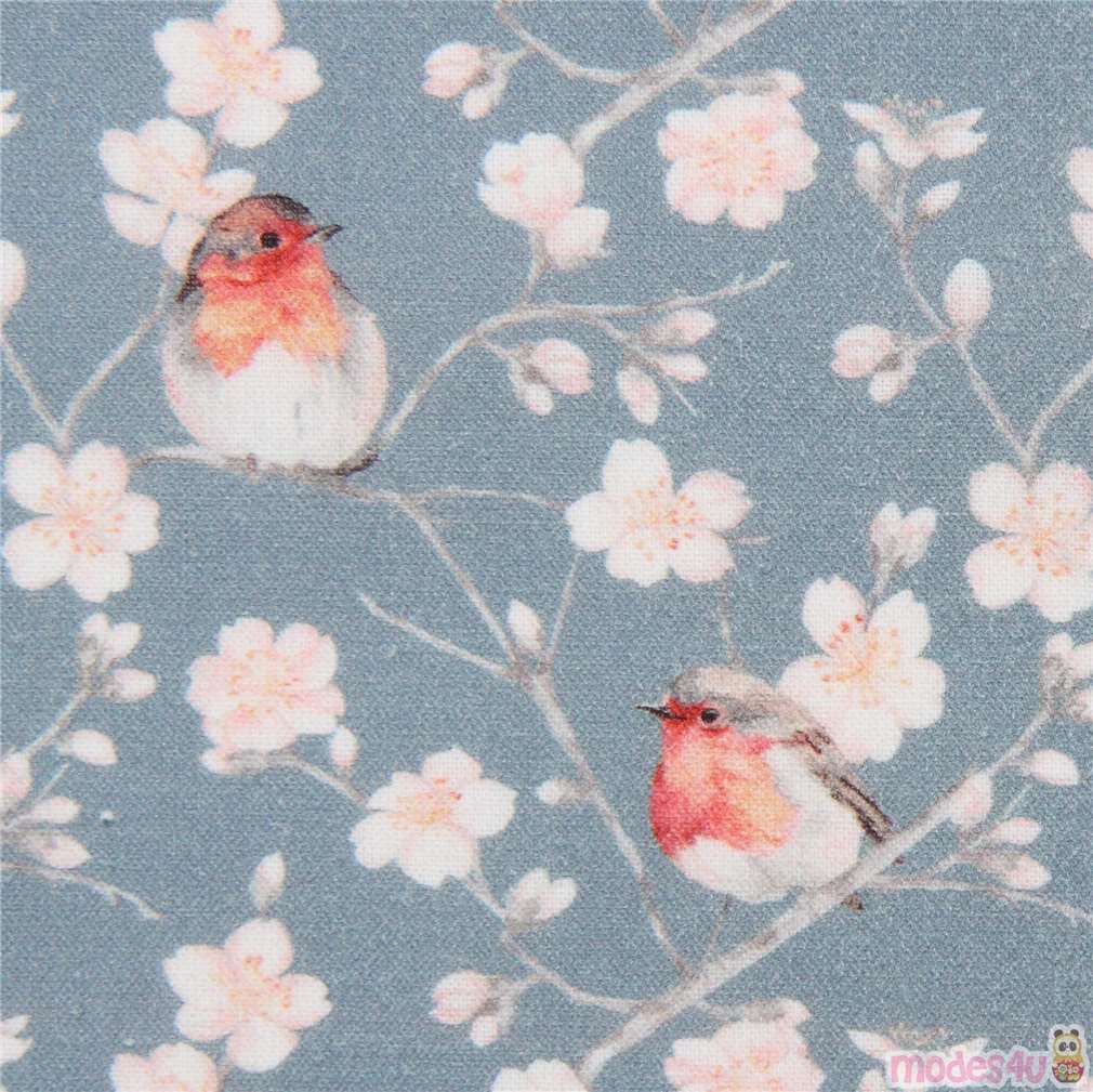 blue-grey bird and flower Stof France fabric Fabric by Japanese Indie ...