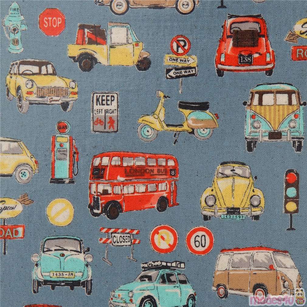 blue retro colorful car canvas laminate fabric by Cosmo Fabric by Cosmo ...