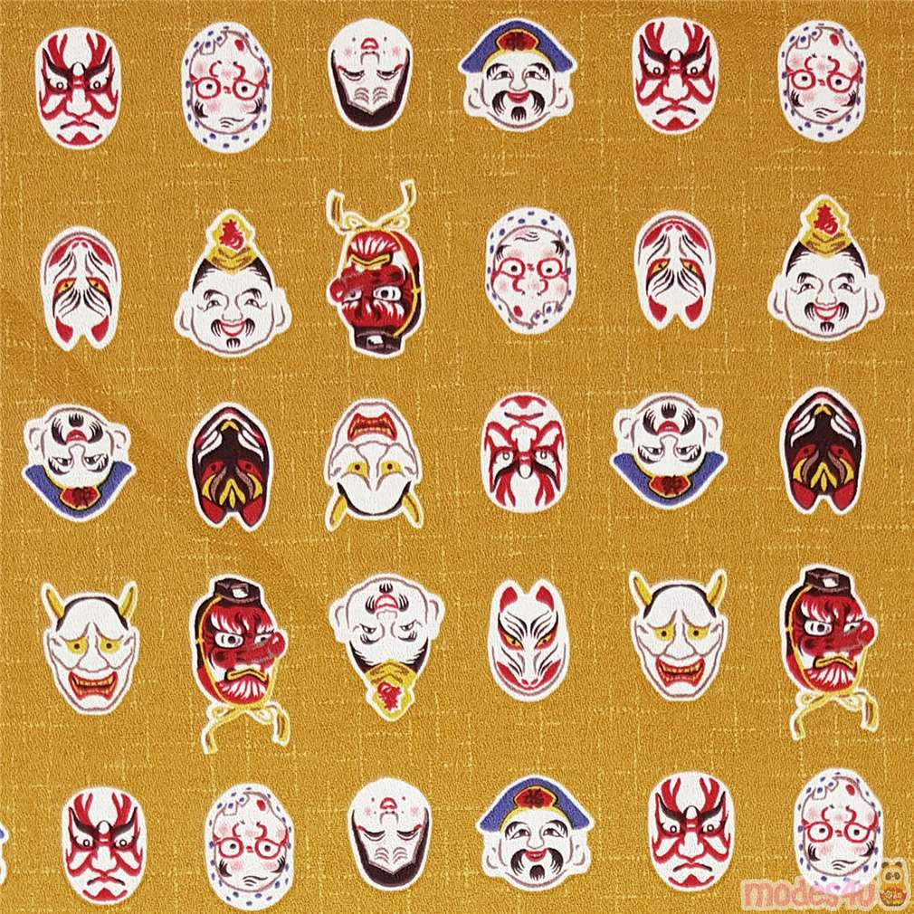 brown amunzen fabric from Japan with Asian masks Fabric by Japanese ...