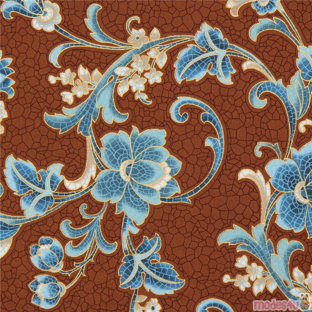 brown fabric with flower gold metallic Robert Kaufman Villa Romana ...