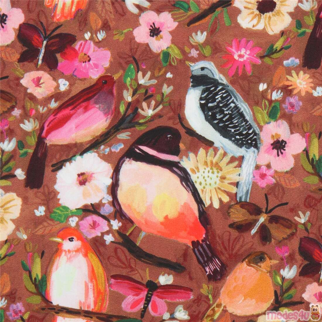 brauner Stoff mit bunten Vögeln und Blumen von Dear Stella Fabric by ...