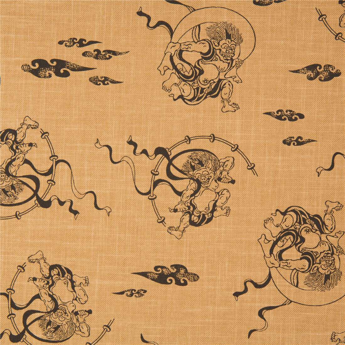 brown muraito Japanese fabric with yokai monster and clouds Fabric by ...