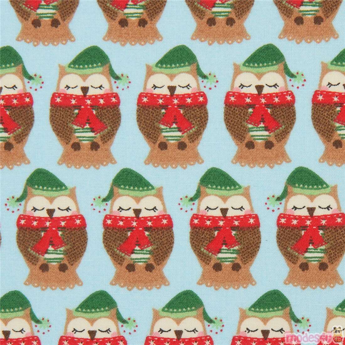 brown sleeping winter owl fabric in light blue Fabric by Japanese Indie ...