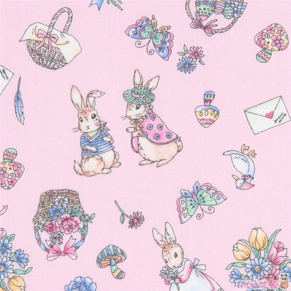 bunny rabbit flower pink fabric Fabric by Japanese Indie - modes4u