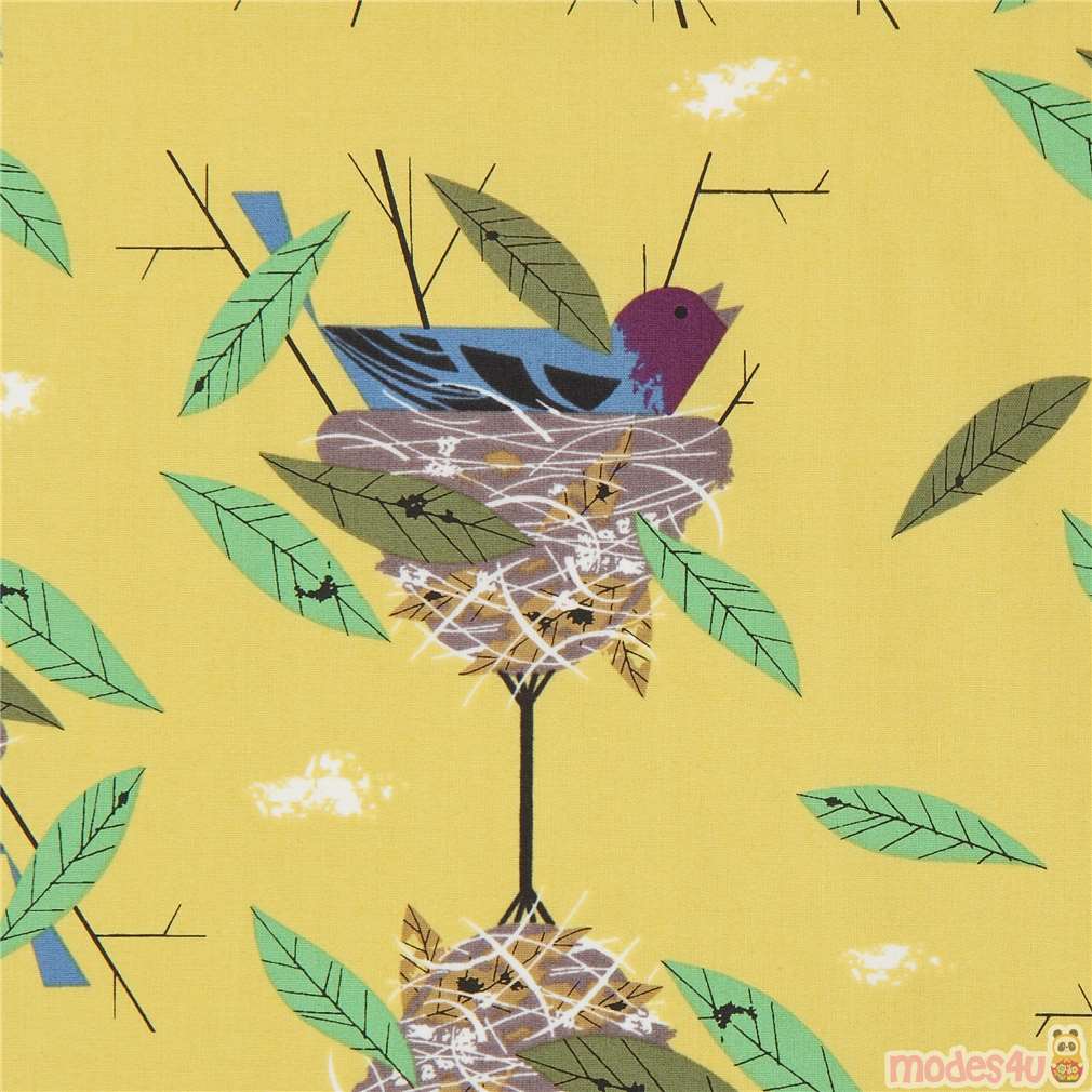 chartreuse with bird animal nest organic poplin fabric from the USA ...