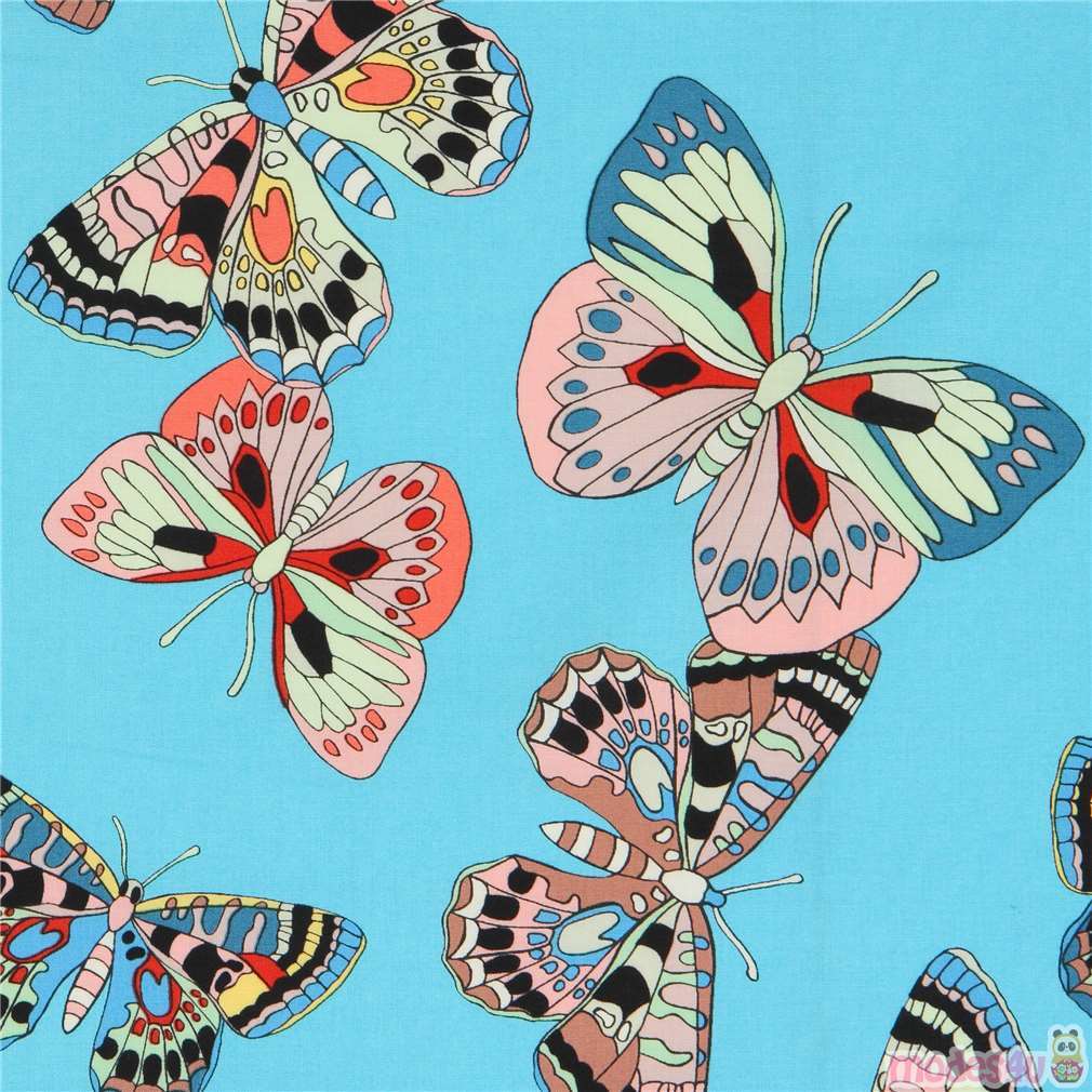 colorful butterfly insect blue fabric Alexander Henry USA Fabric by ...