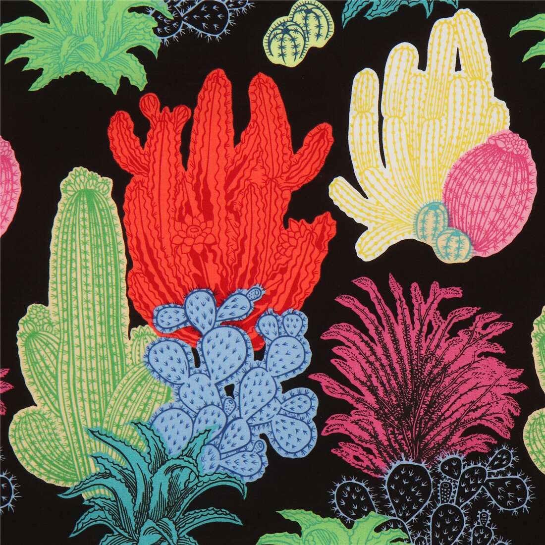 Colorful Illustrated Cactus in Black Fabric by Alexander Henry - modes4u